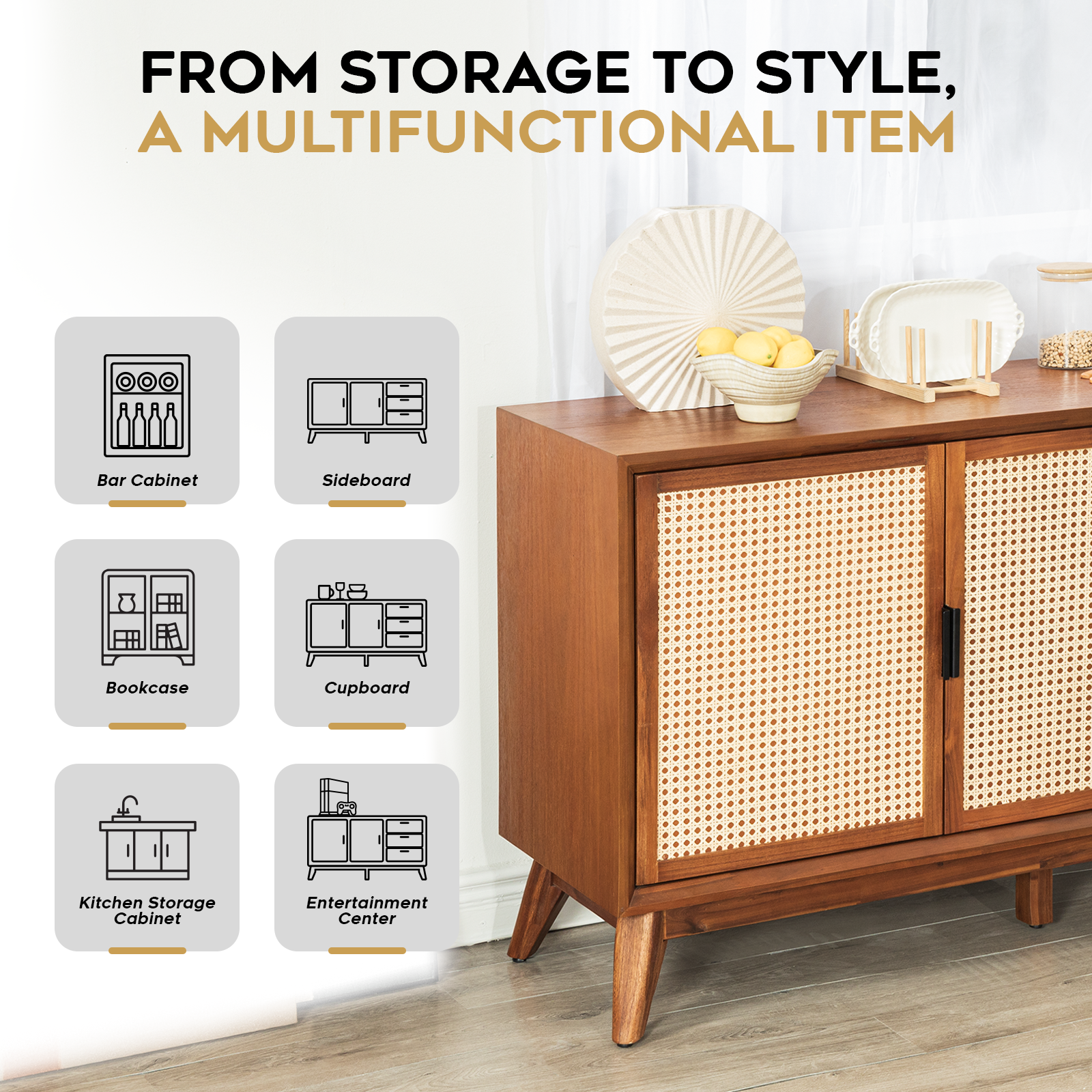 Bme Rattan Pre-Assembled Buffet Sideboard with 3 Drawers & 2 Doors, 58 ...